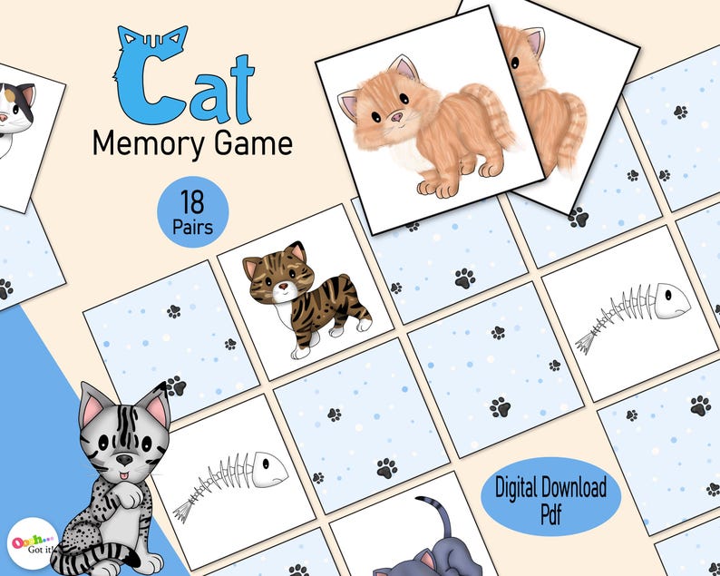 Cat Memory Card Game, a Printable Kitty Picture Matching Activity for ...