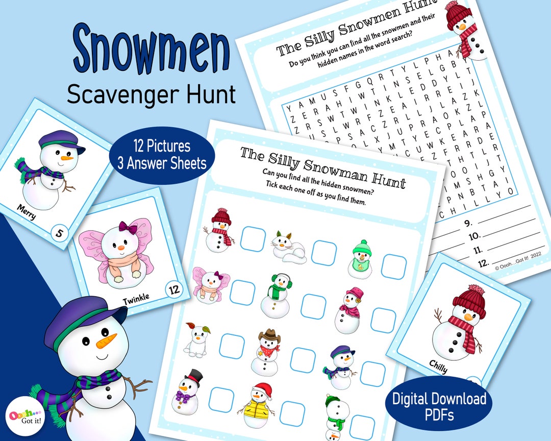 Snowmen Picture Scavenger Hunt, a Printable Hide & Seek Winter Game for ...