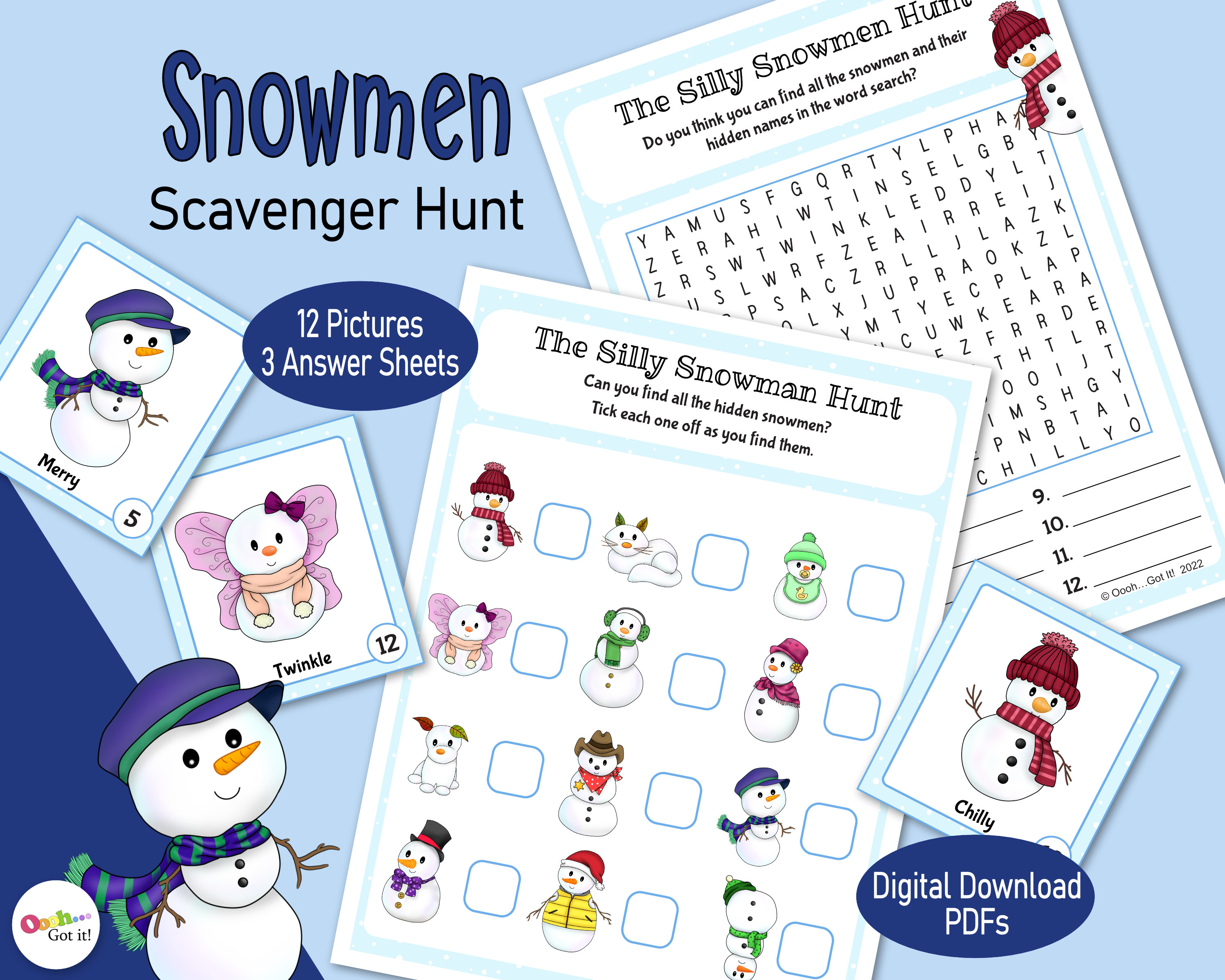 Snowmen Picture Scavenger Hunt, a Printable Hide & Seek Winter Game for ...