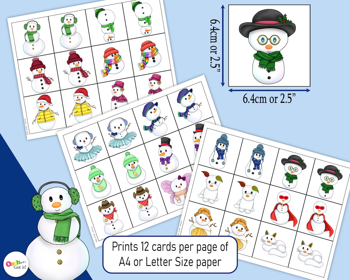 Snowman Memory Card Game, a Printable Winter Picture Matching Game for ...