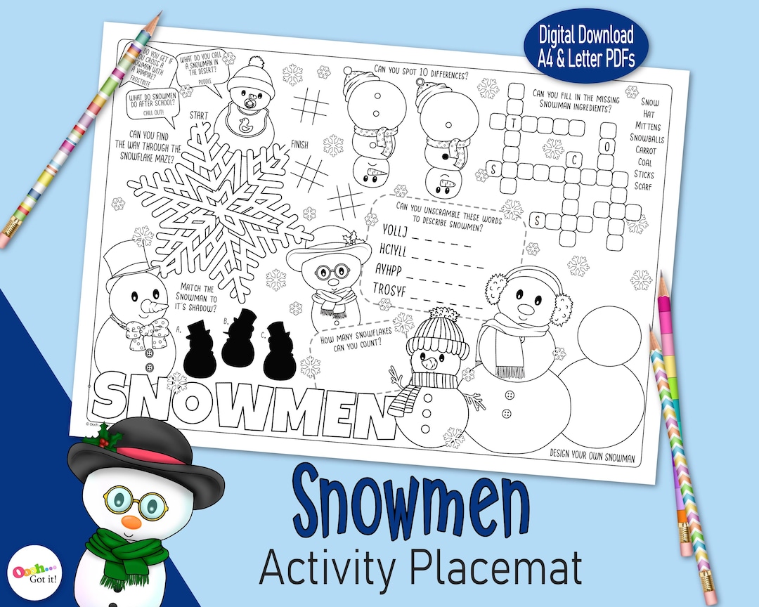Snowman Activity Placemat, a Fun, Printable & Festive Coloring Sheet ...