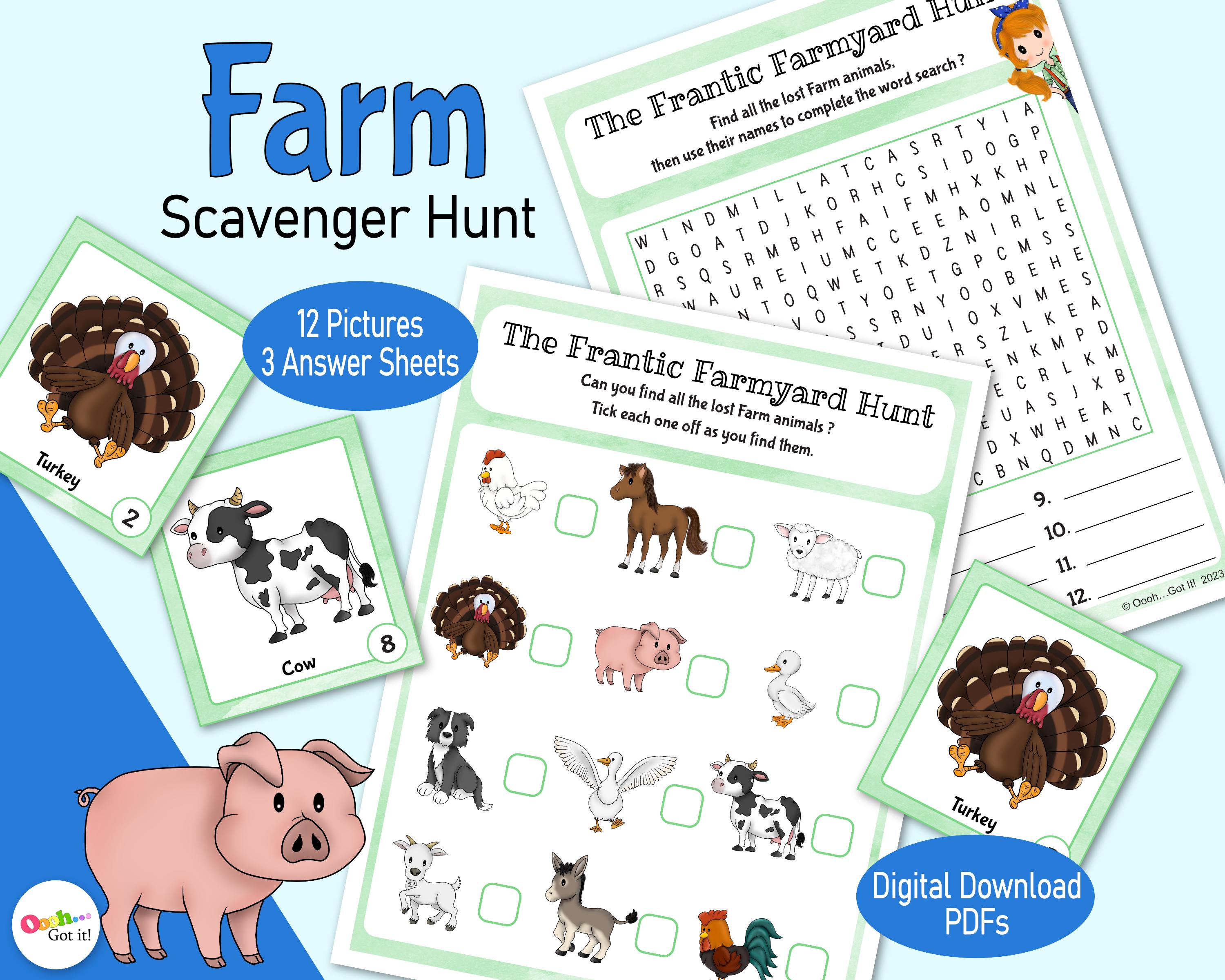 Farm Animal Scavenger Hunt, a Printable Barnyard Picture Treasure Hunt ...