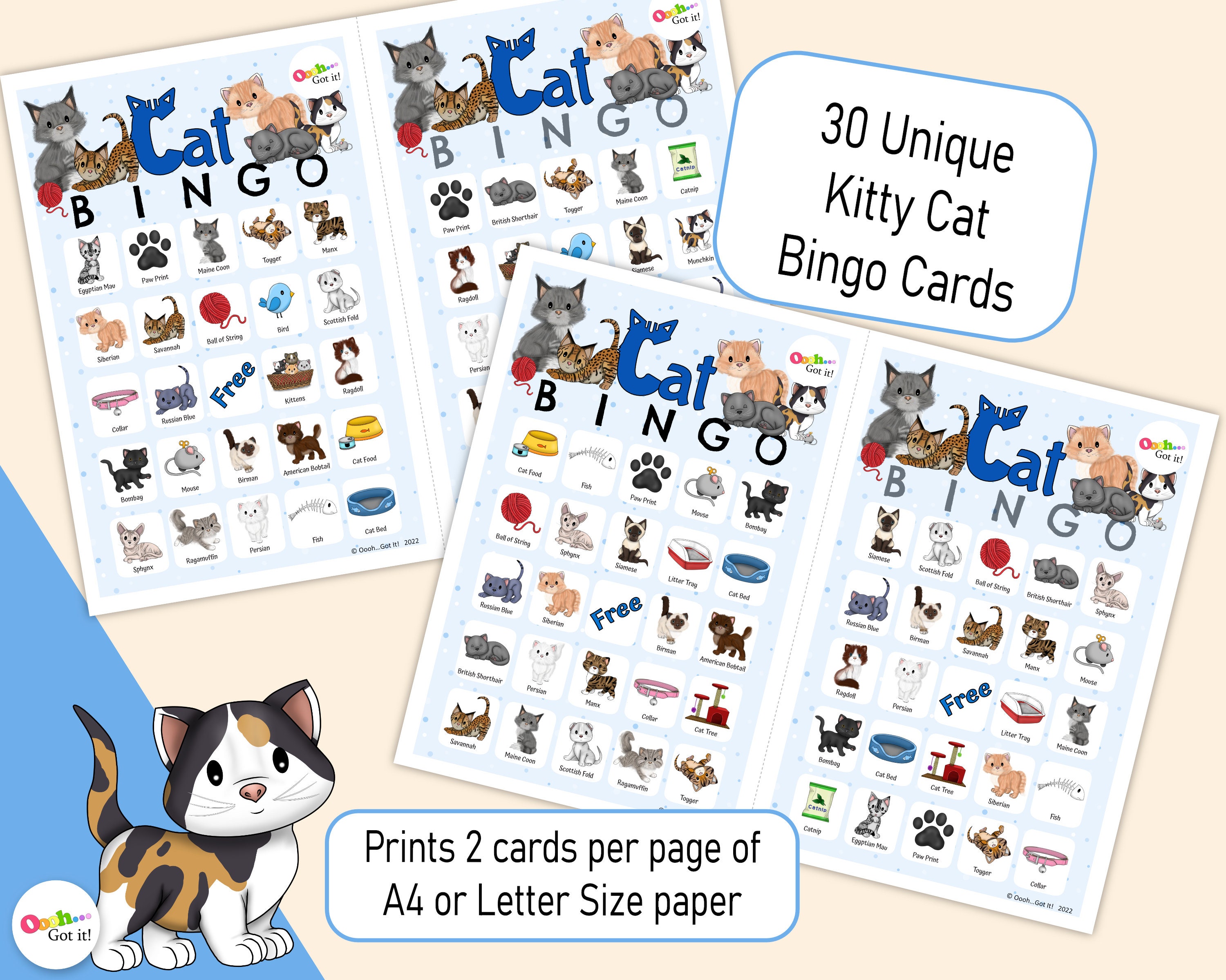 Cat Bingo, 30 Printable Kitten Cards, a Girls 2nd Birthday Party Game ...
