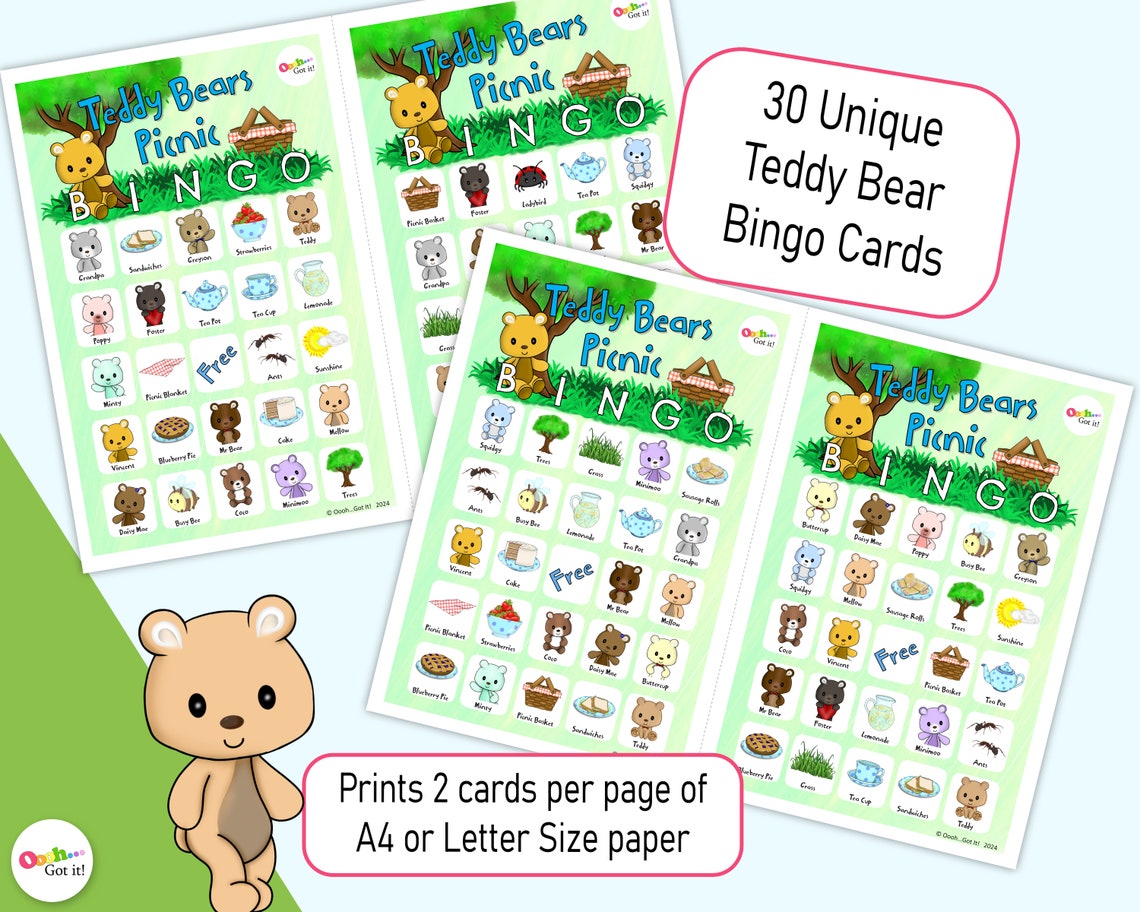Teddy Bears Picnic Bingo, a Printable Baby Shower, or 1st Birthday ...