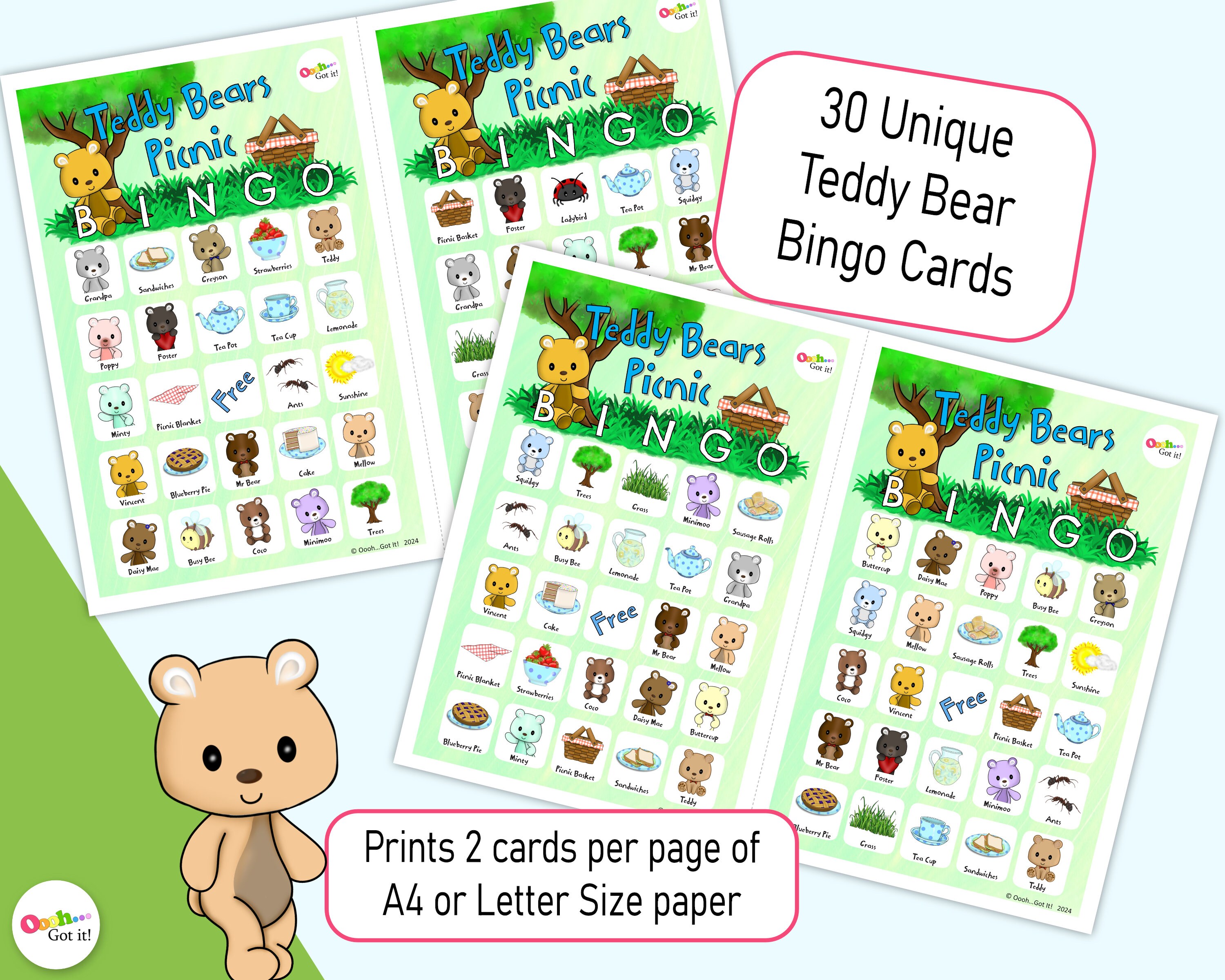 Teddy Bears Picnic Bingo, a Printable Baby Shower, or 1st Birthday ...
