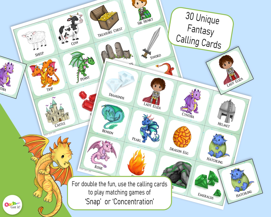 Dragons Bingo, 30 Printable Bingo Cards, a Fantasy Dragon & Medieval ...