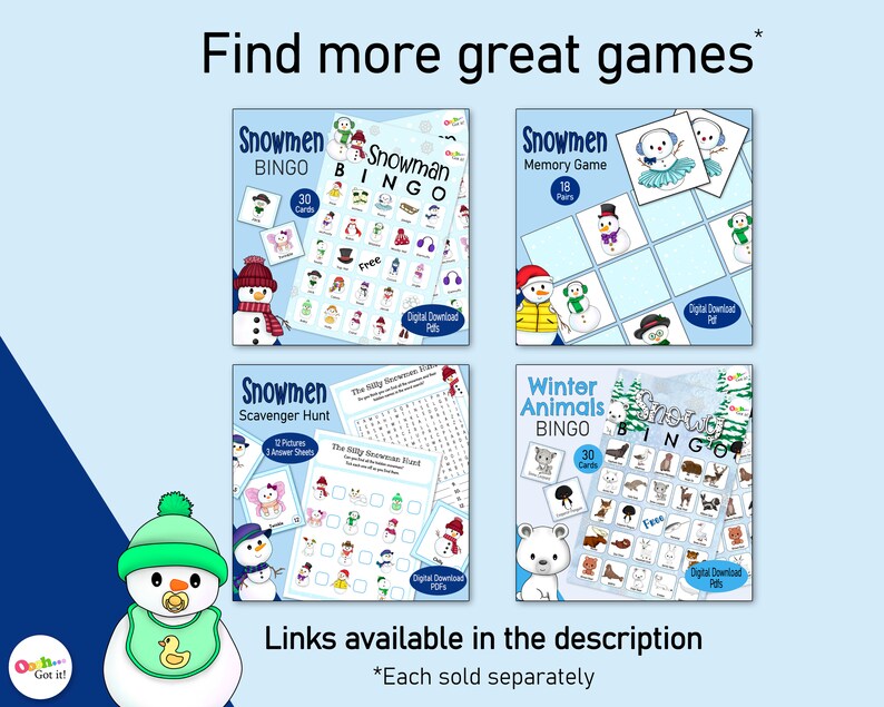 Snowman Dominoes, a Printable Winter Picture Matching Game, Kids ...