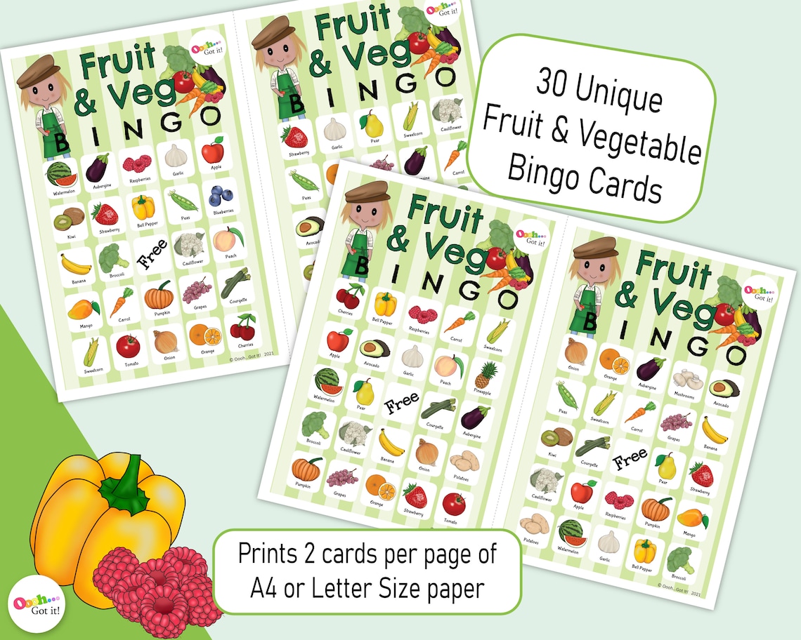 Fruit & Vegetable Bingo Cards, a Greengrocer, Farmers Market Printable ...