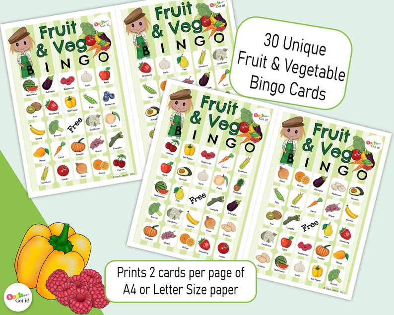 Fruit & Vegetable Bingo Cards, a Greengrocer, Farmers Market Printable ...