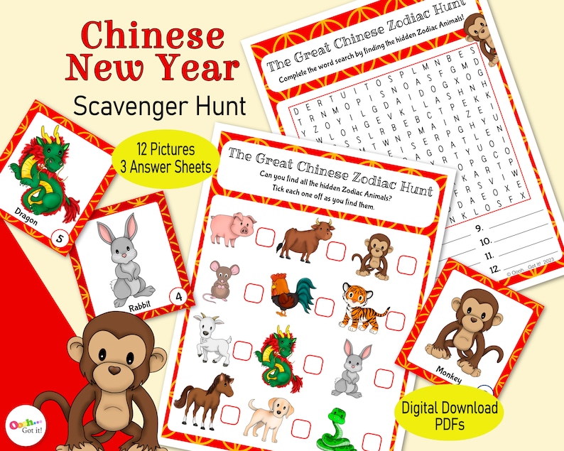 Chinese Zodiac Scavenger Hunt, a Printable Animal Picture Matching Game ...
