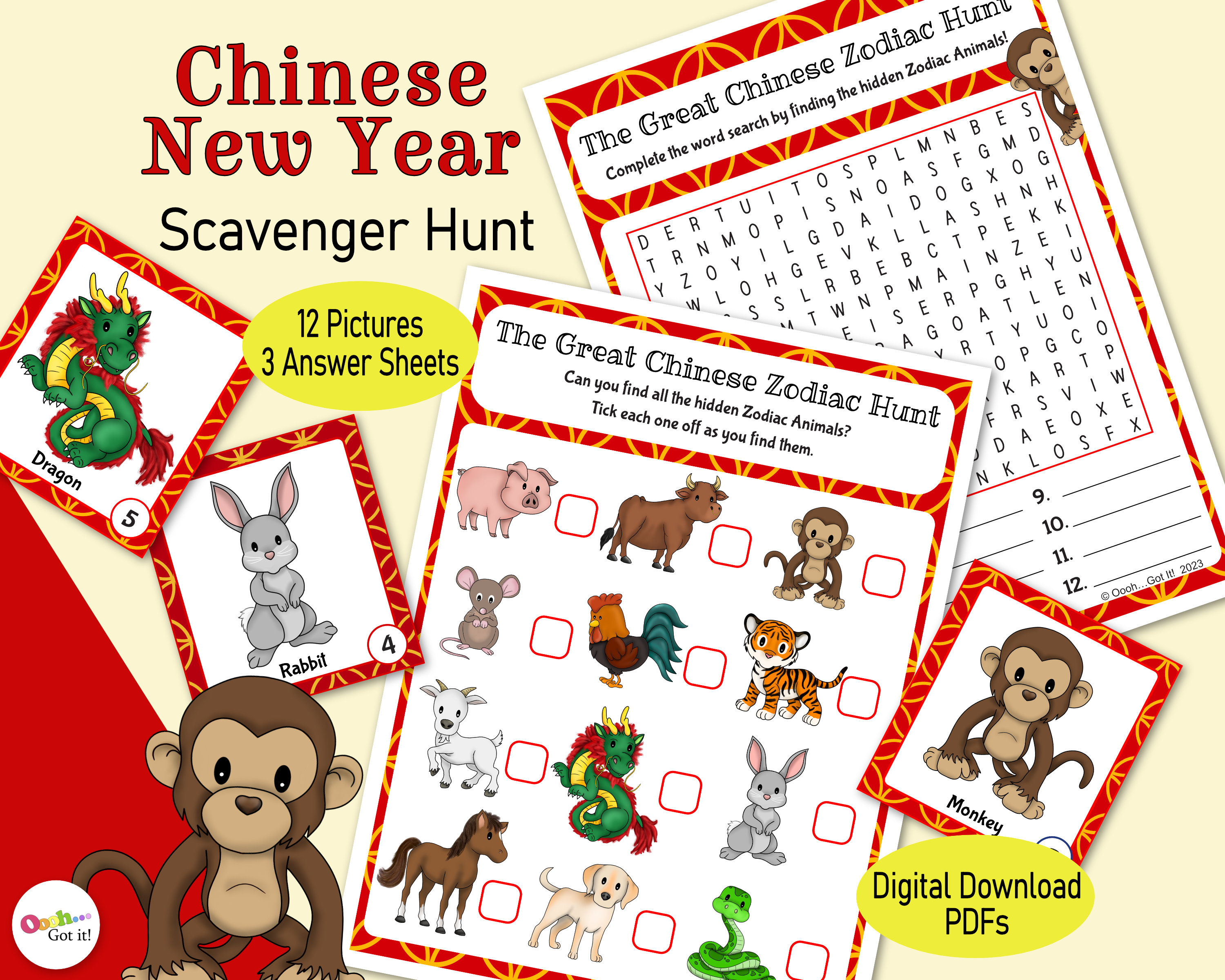 Chinese Zodiac Scavenger Hunt, a Printable Animal Picture Matching Game ...