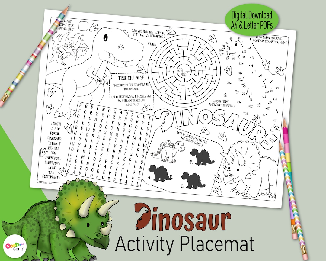Dinosaur Placemat, a Printable Birthday Party Activity for Kids, T-rex ...