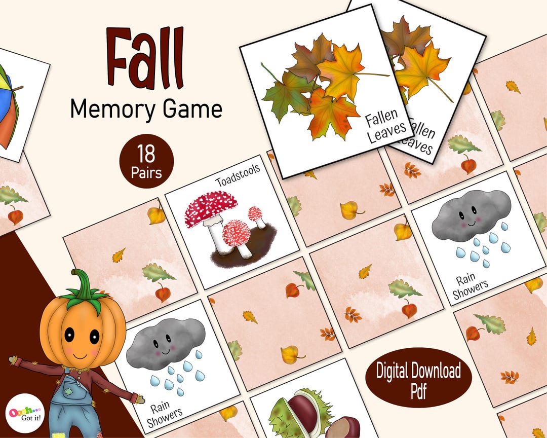 Autumn Memory Card Game, a Printable Fall Picture Matching Game, for ...