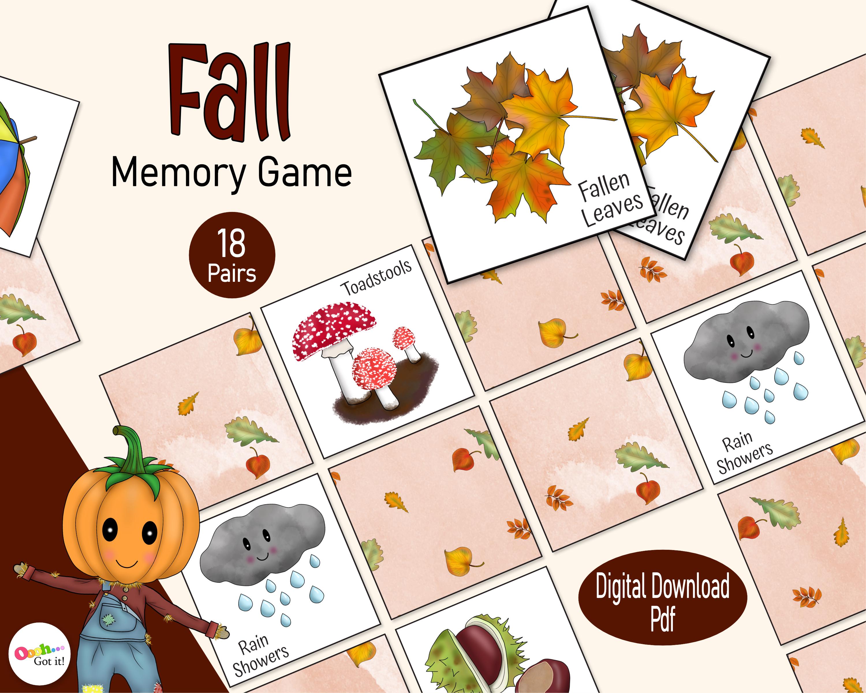 Autumn Memory Card Game, a Printable Fall Picture Matching Game, for ...