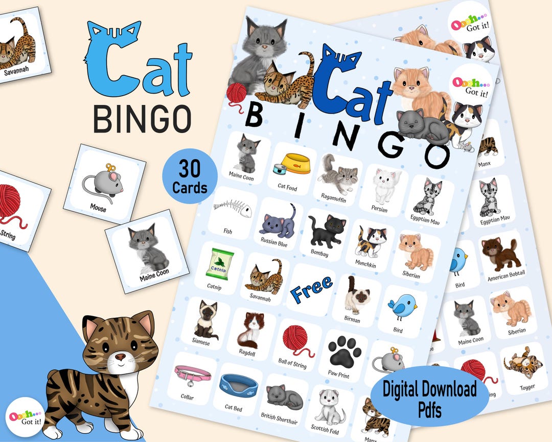 Cat Bingo, 30 Printable Kitten Cards, a Girls 2nd Birthday Party Game ...