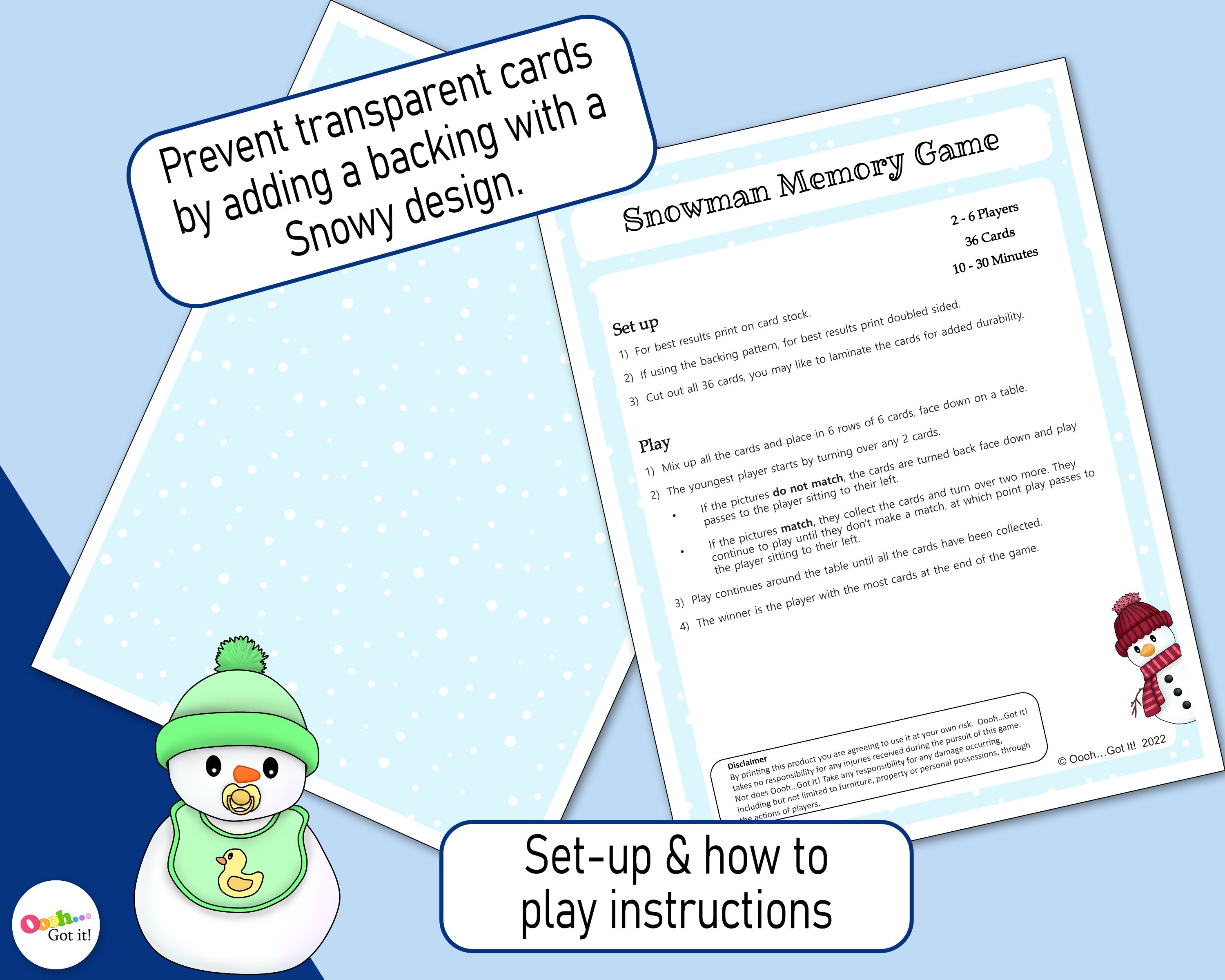 Snowman Memory Card Game, a Printable Winter Picture Matching Game for ...