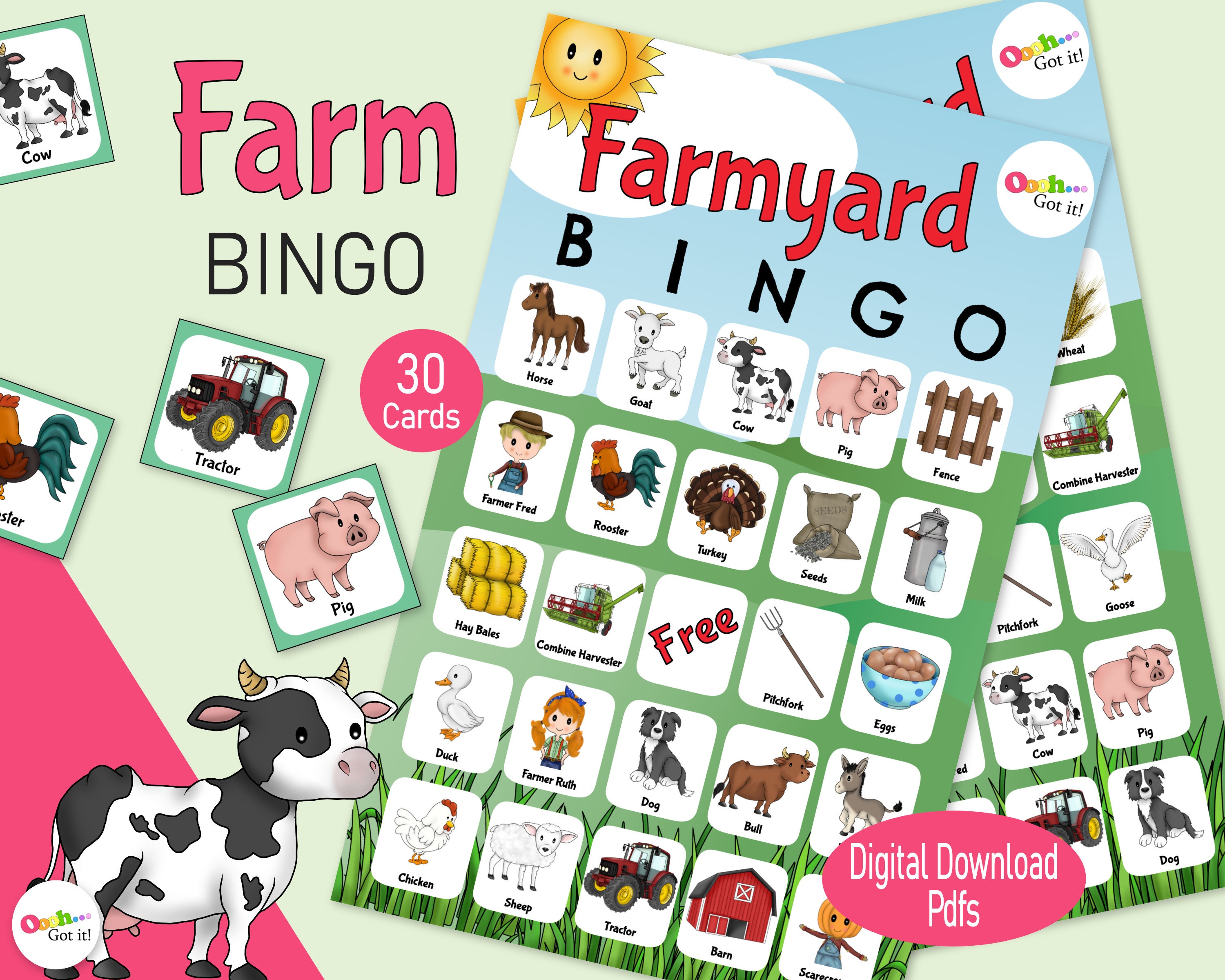 Farm Animals Bingo, a Printable Farmyard Kids Game, 30 Cards for a ...