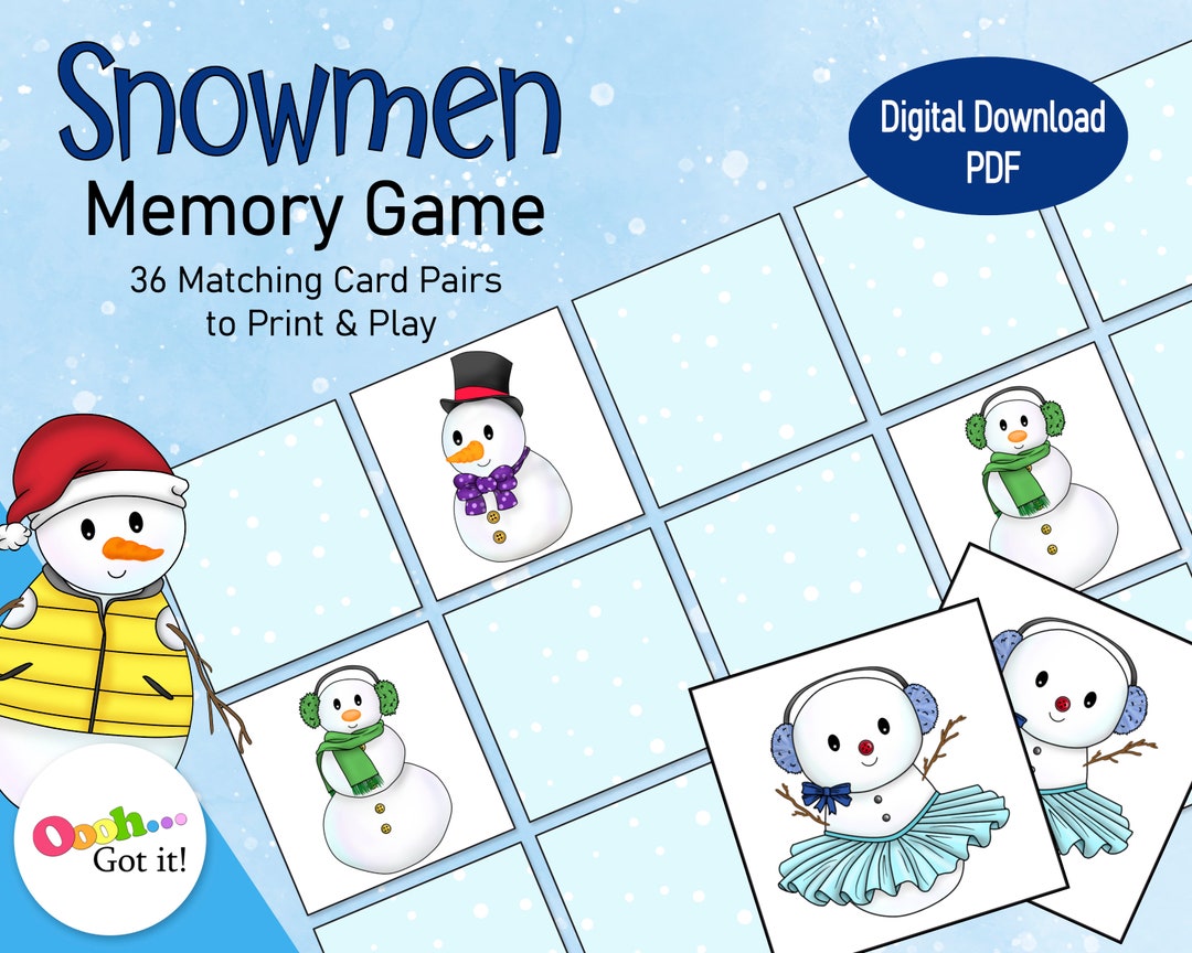 Snowman Memory Card Game a Printable Winter Picture Matching - Etsy