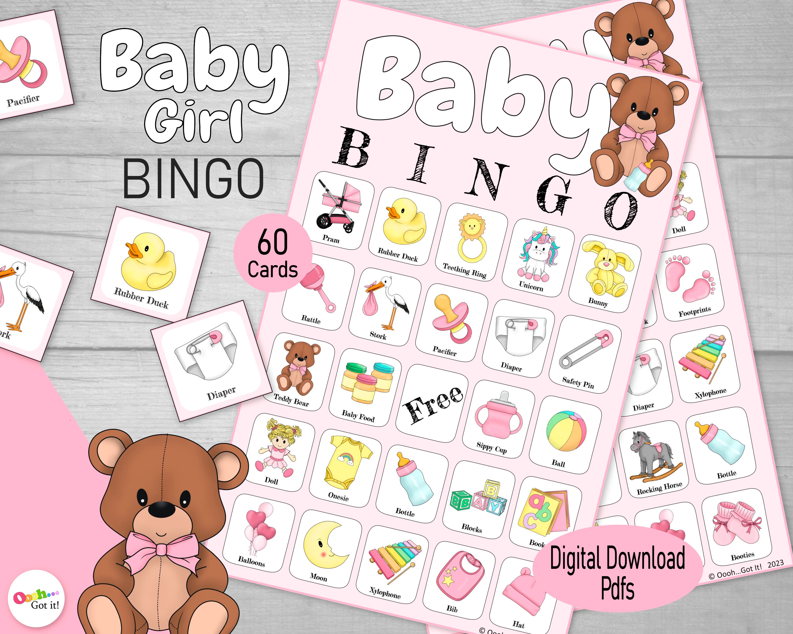 Baby Shower Bingo, 60 Printable Prefilled Bingo Cards, for a Baby Girl ...