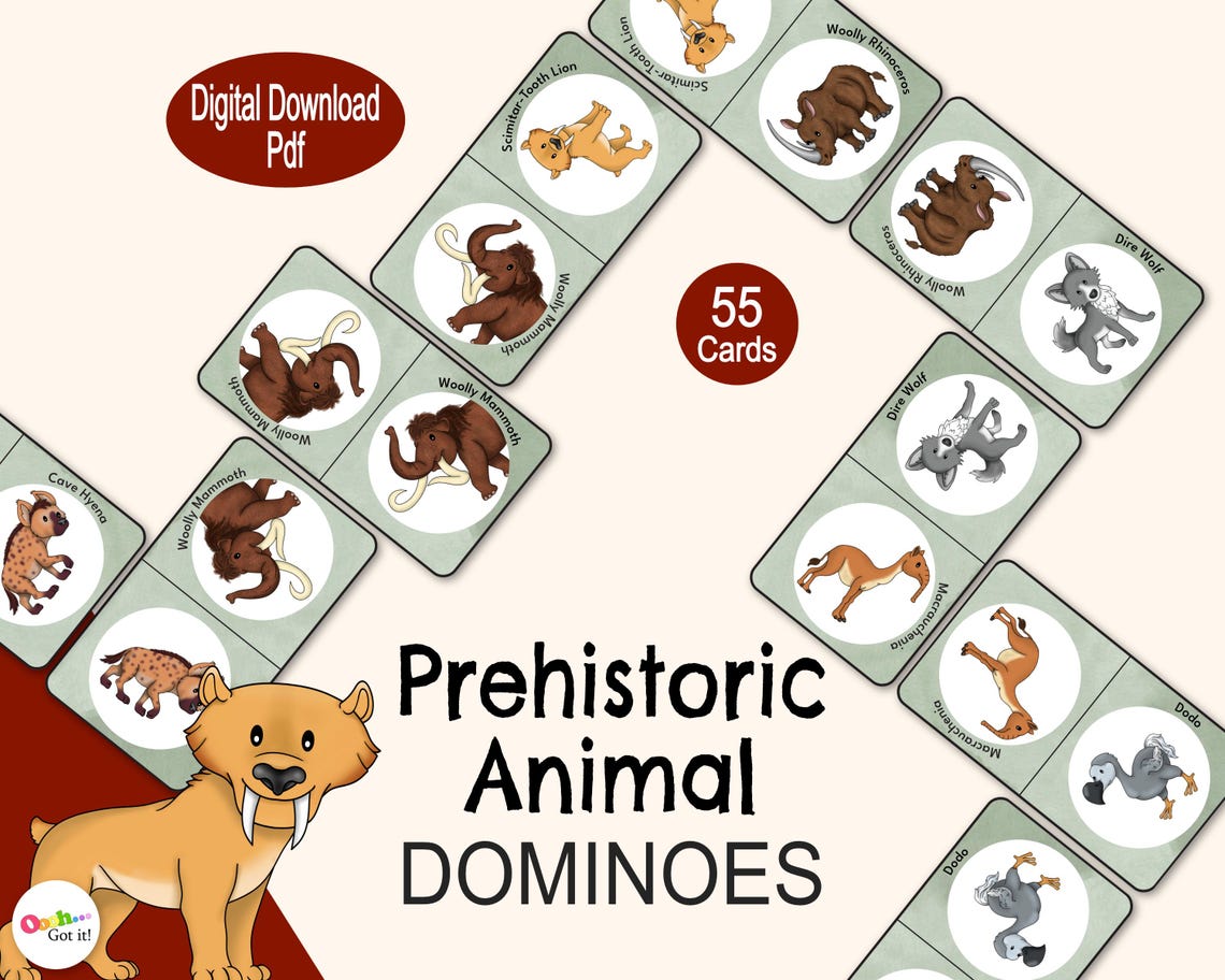 Prehistoric Animal Dominoes, a Printable Ice Age Picture Matching ...