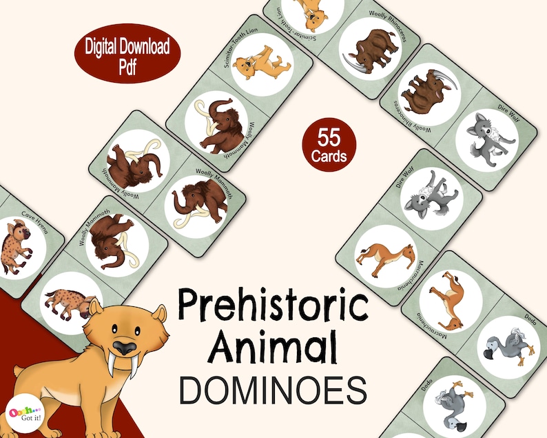Prehistoric Animal Dominoes, a Printable Ice Age Picture Matching ...
