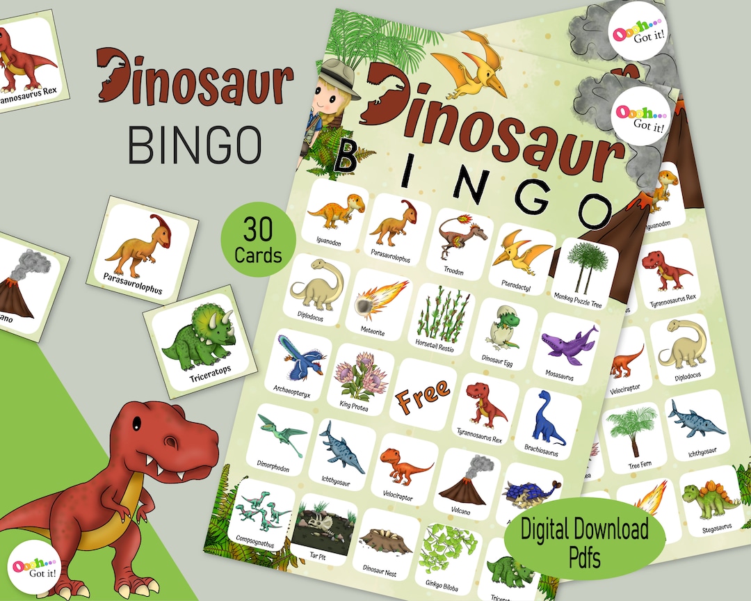 Dinosaur Bingo, Printable Jurassic 2nd Birthday Party Game, a T-rex ...