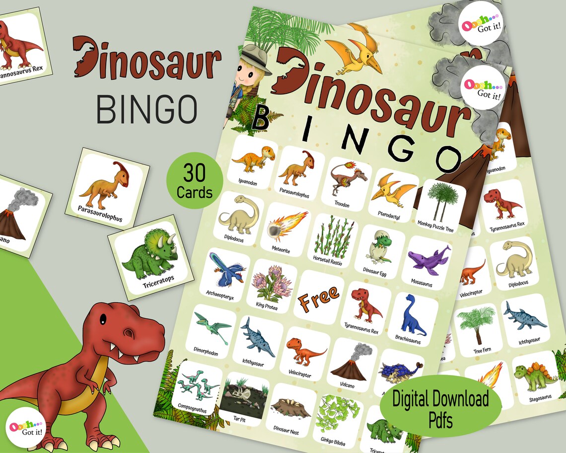 Dinosaur Bingo, Printable Jurassic 2nd Birthday Party Game, a T-rex ...