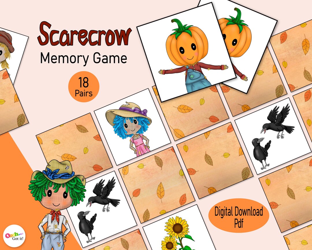 Scarecrow Memory Card Game, a Printable Fall Harvest Picture Matching ...