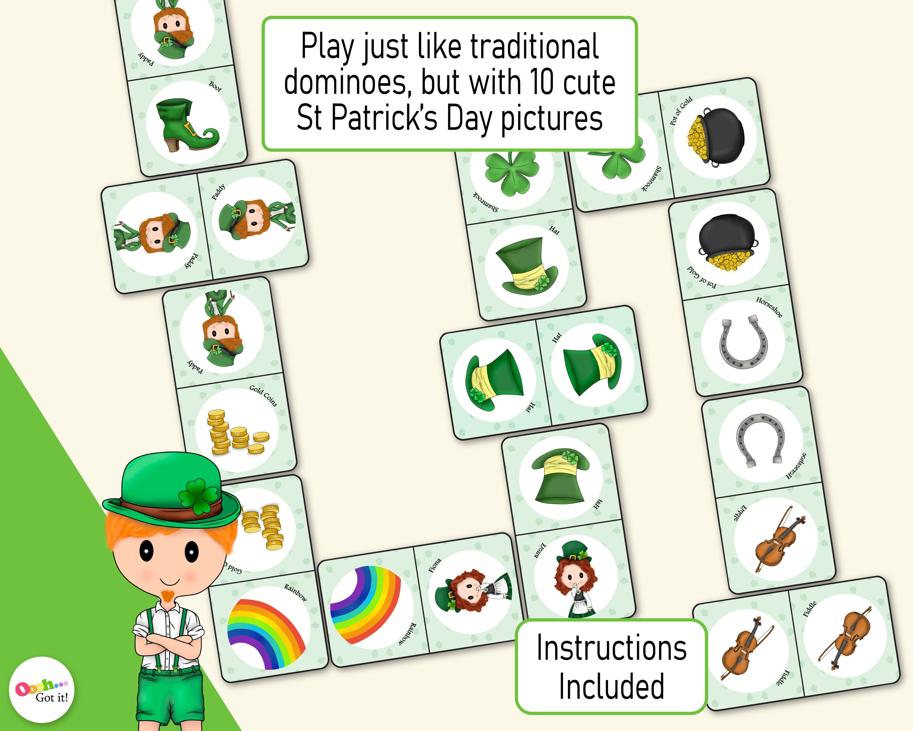St Patrick's Day a Printable Leprechaun Dominoes Game, a Irish Shamrock ...