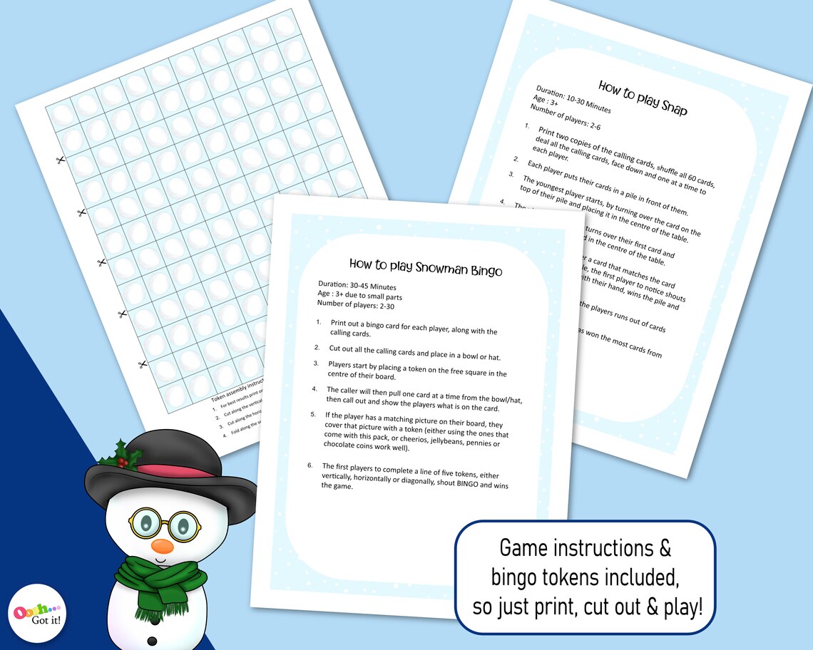 Snowman Bingo, 30 Printable Bingo Cards; a Festive Kids Winter Game for ...