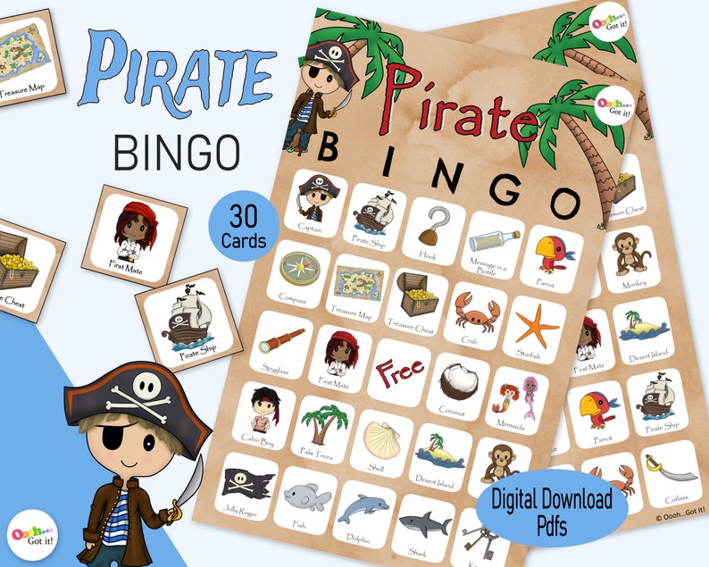 Pirate Bingo Game, a Printable Kids Activity, for a Pirate Birthday ...