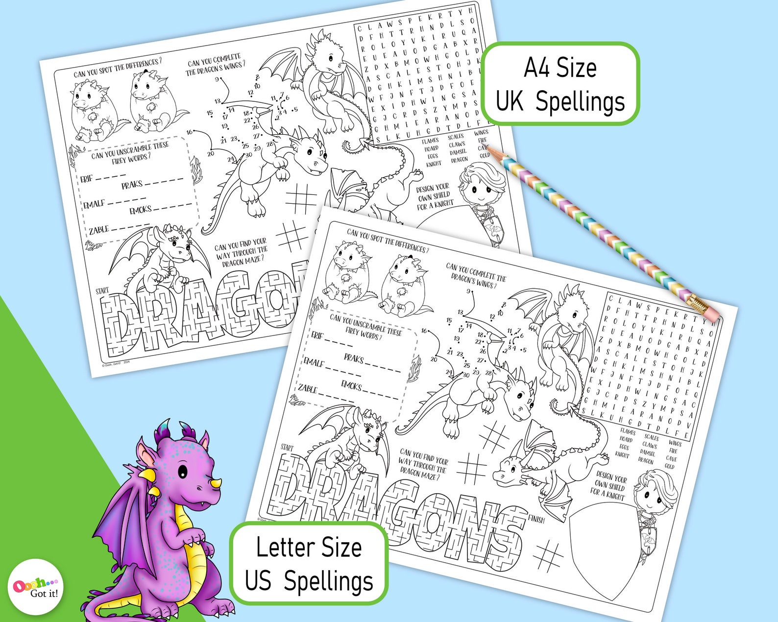 Dragon Placemat, a Printable Birthday Party Activity Sheet for Kids, a ...