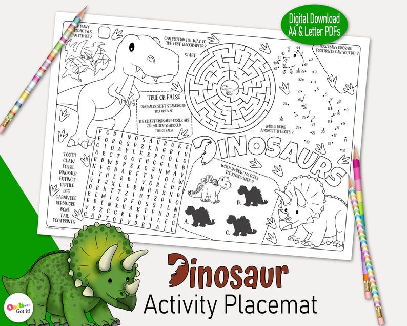 Dinosaur Placemat, a Printable Birthday Party Activity for Kids, T-rex ...