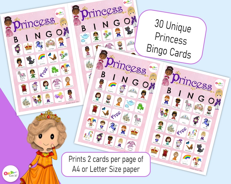 Princess Bingo Game, 30 Printable Royal Bingo Cards for Girls Birthday ...