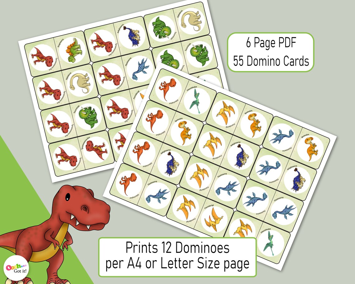 Dinosaur Dominoes, a Printable Kids Matching Game, for a Boys Birthday ...