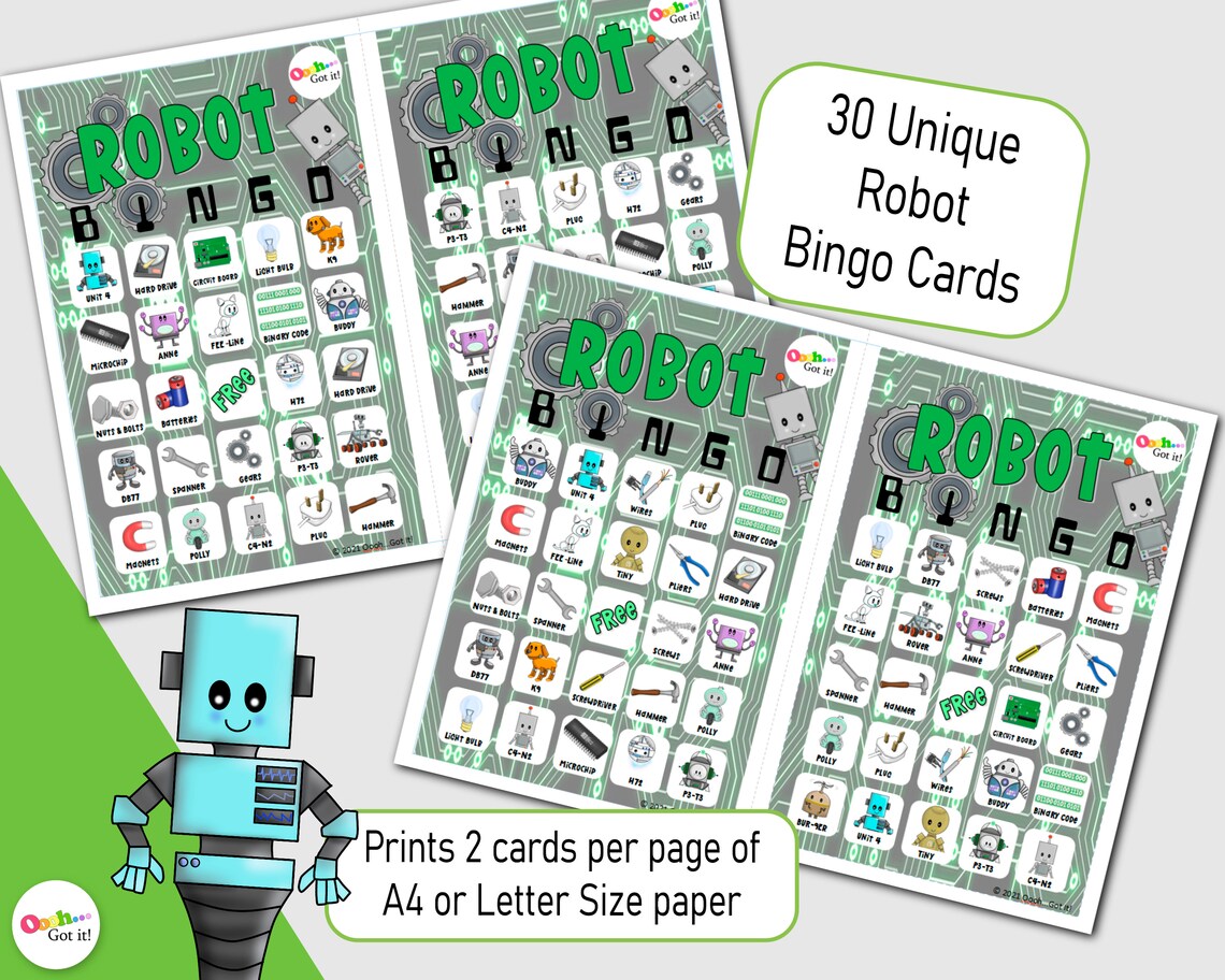Robot Bingo Cards, a Printable Boys Birthday Party Game, a Instant ...