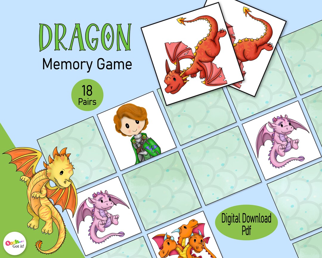 Dragon Memory Card Game, a Printable Fantasy Dragons & Knights Picture ...
