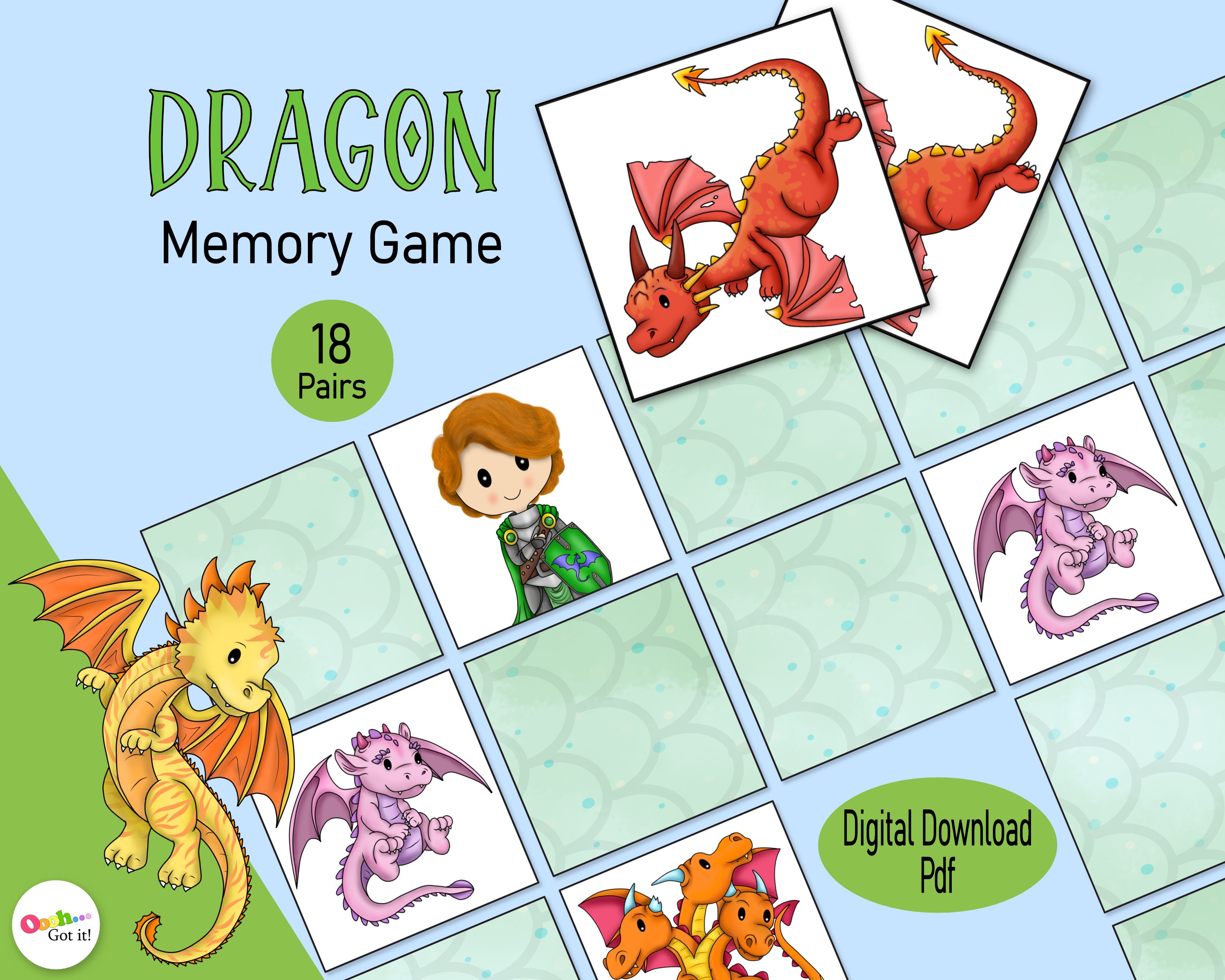 Dragon Memory Card Game, a Printable Fantasy Dragons & Knights Picture ...