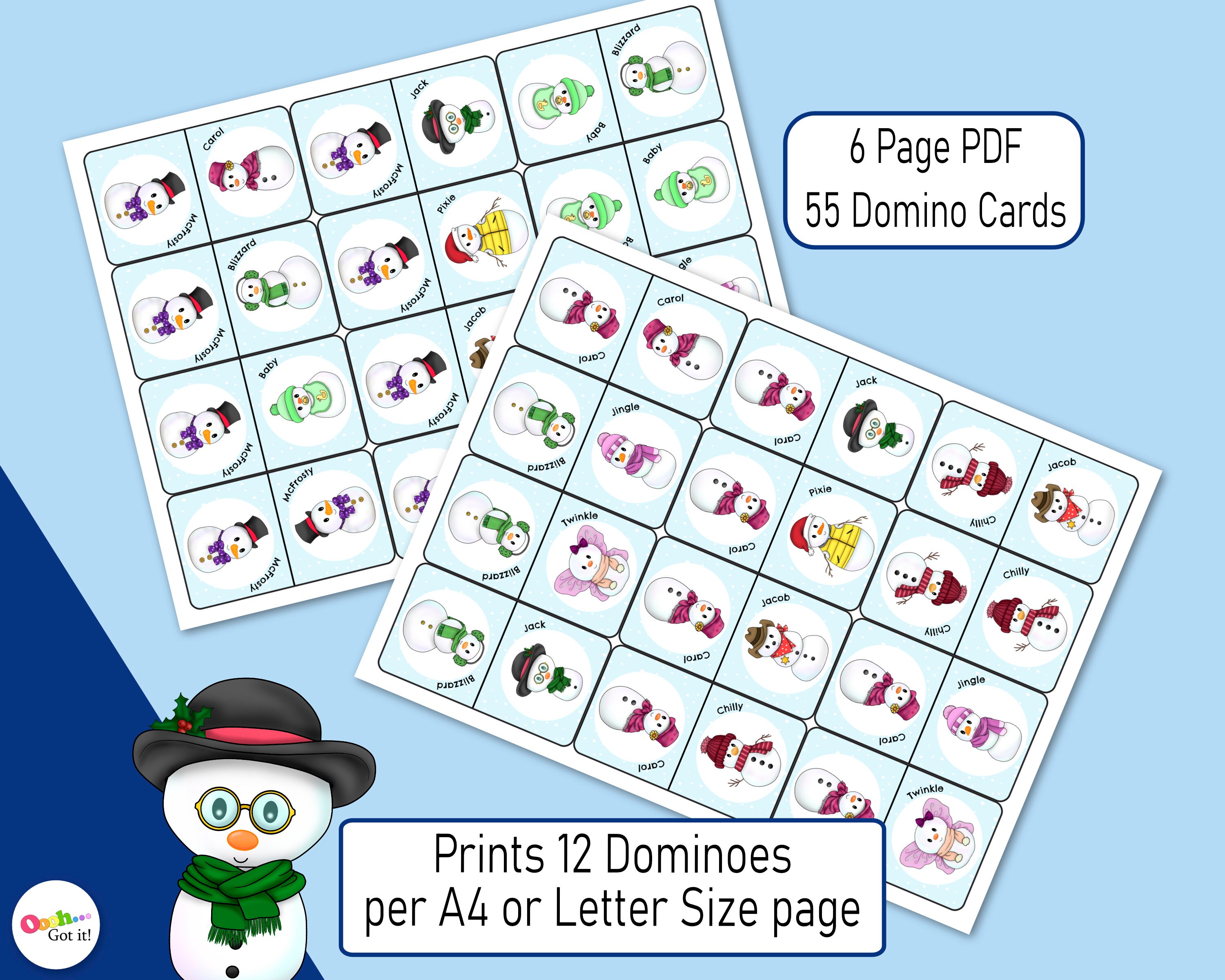 Snowman Dominoes, a Printable Winter Picture Matching Game, Kids ...