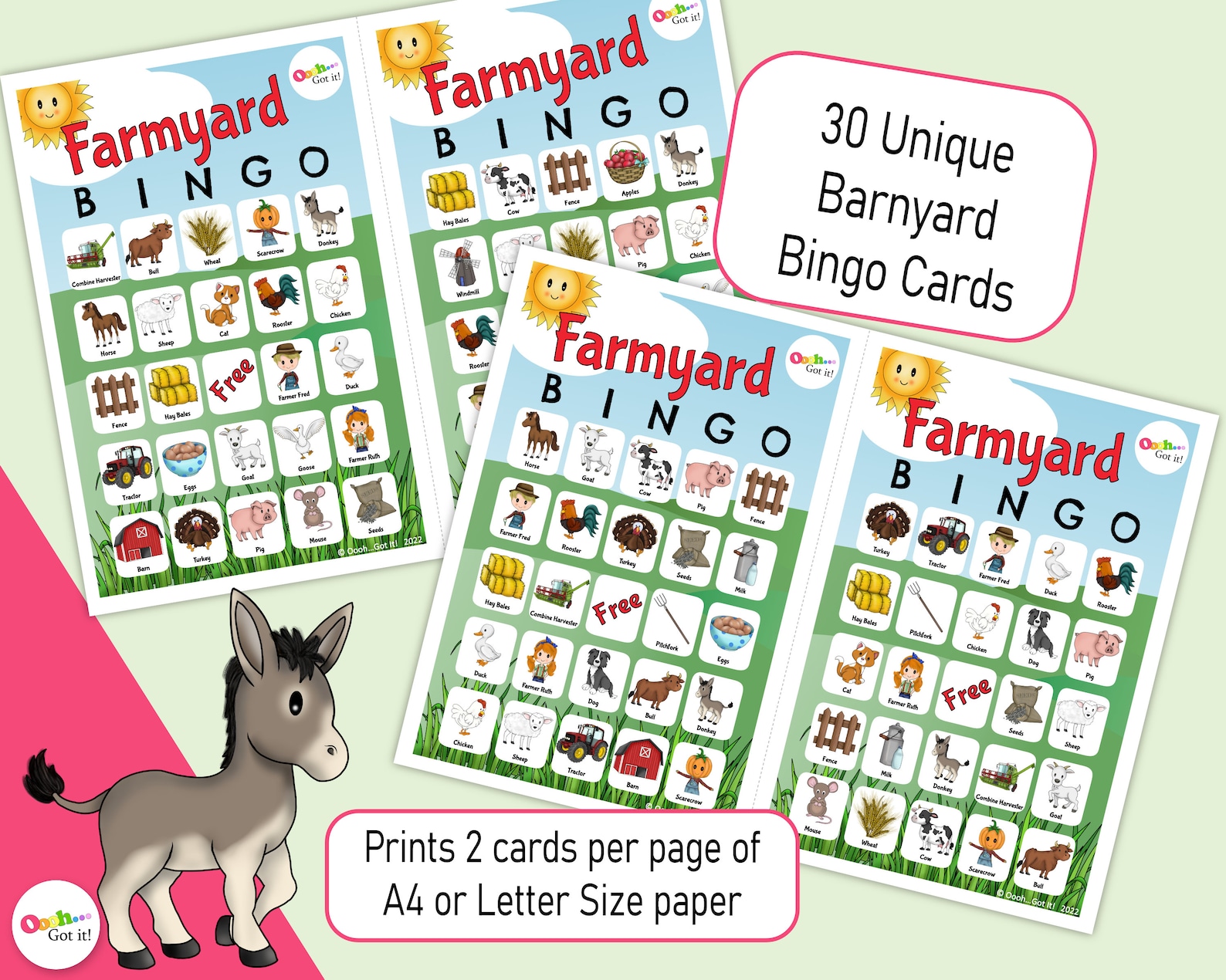 Farm Animals Bingo, a Printable Farmyard Kids Game, 30 Cards for a ...