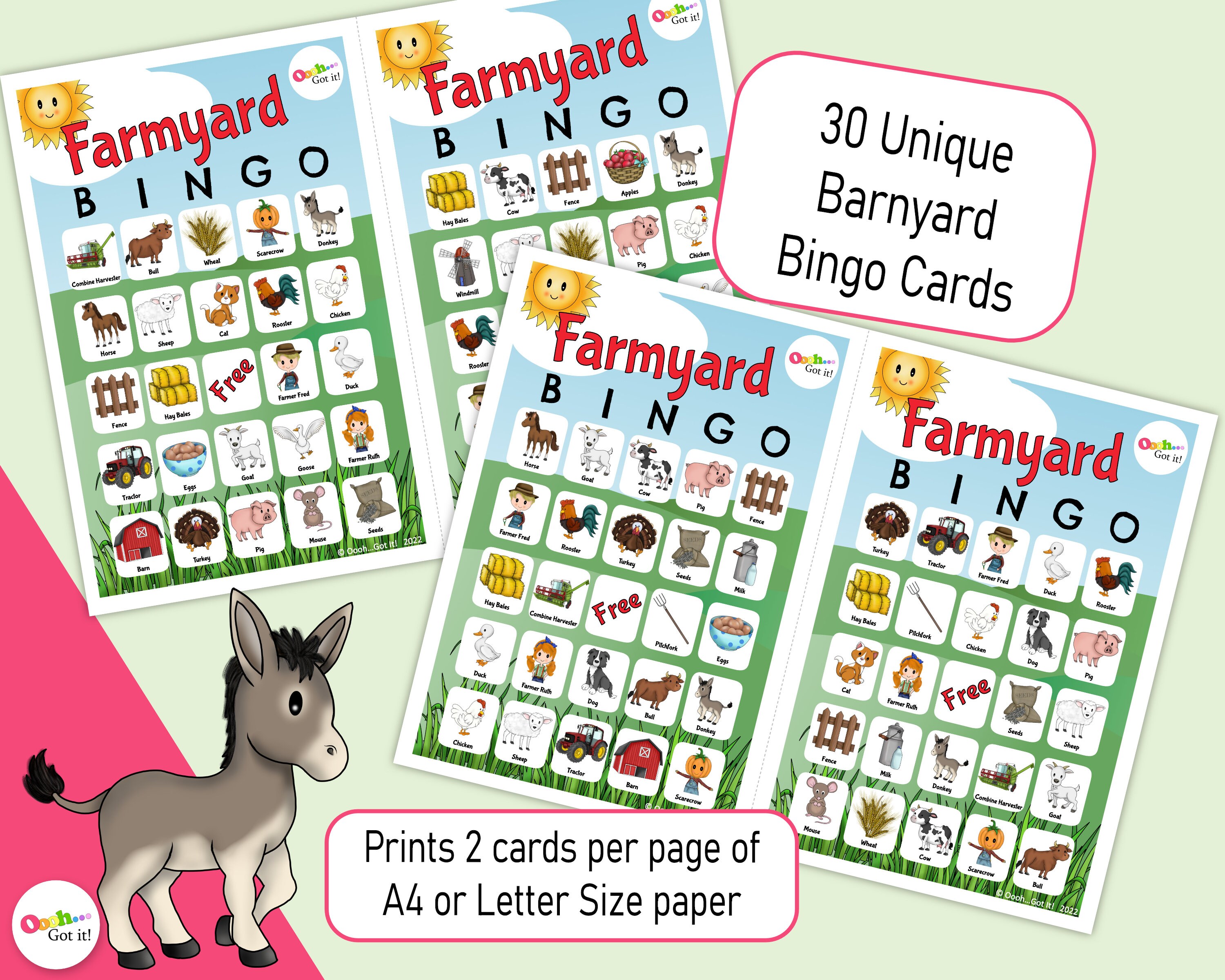 Farm Animals Bingo, a Printable Farmyard Kids Game, 30 Cards for a ...