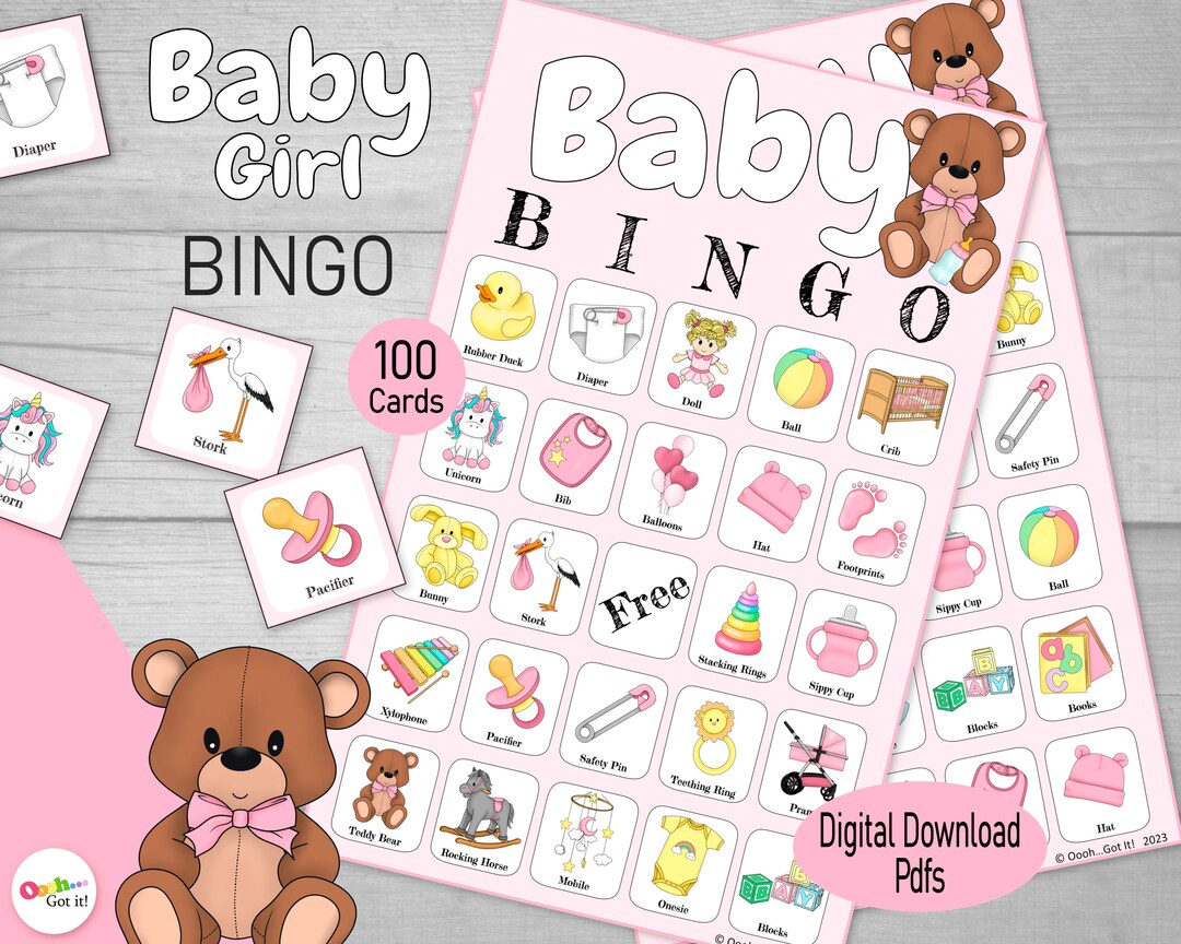 Baby Shower Bingo, 100 Printable Prefilled Bingo Cards, for a Baby Girl ...