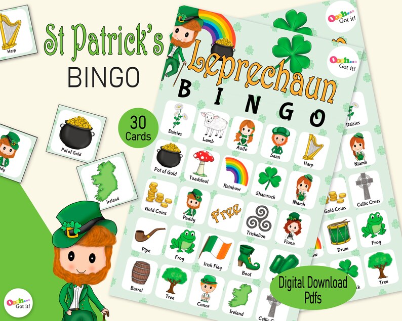 St. Patrick's Day Bingo, a Printable Leprechaun Game, a Irish Shamrock ...