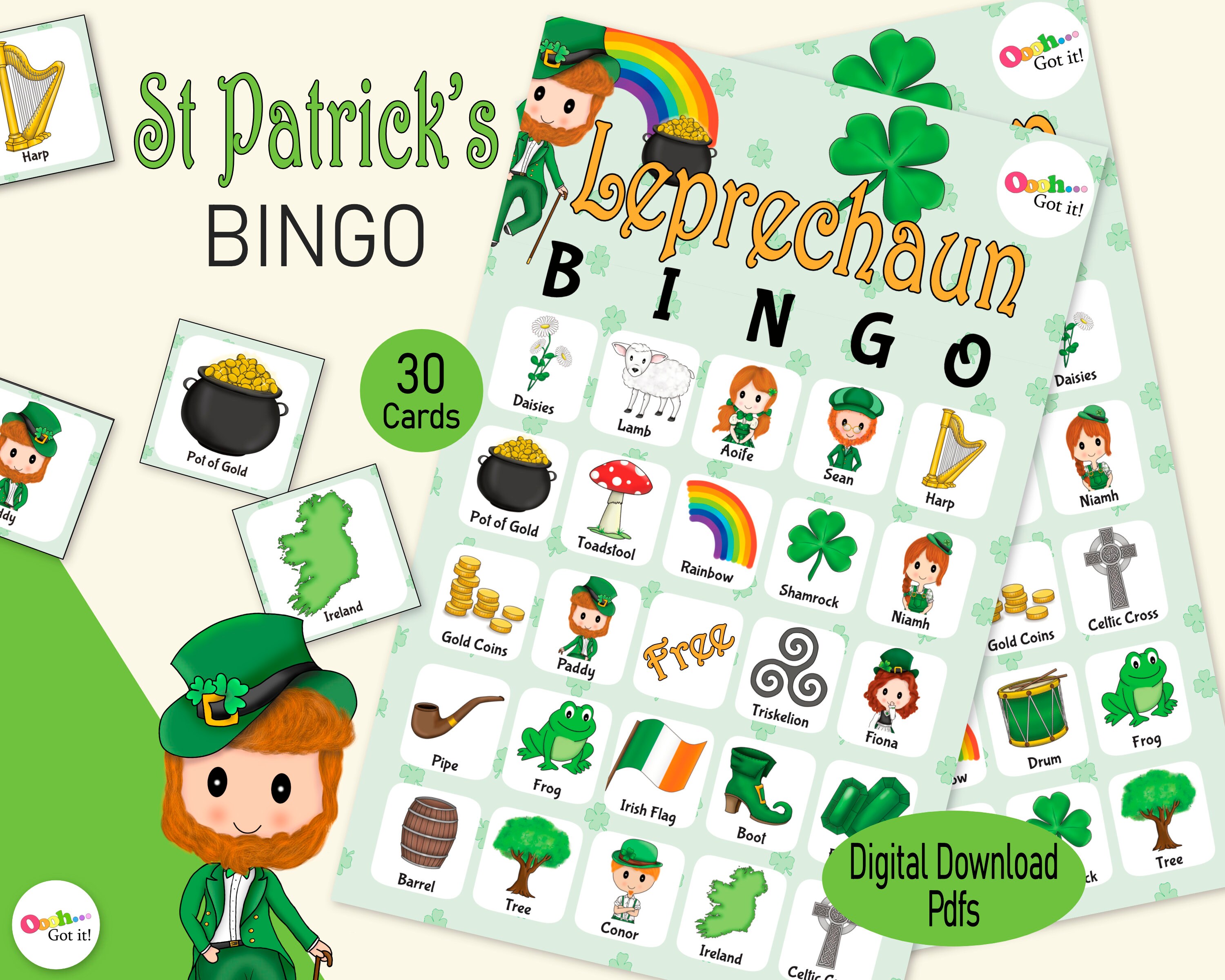 St. Patrick's Day Bingo, a Printable Leprechaun Game, a Irish Shamrock ...