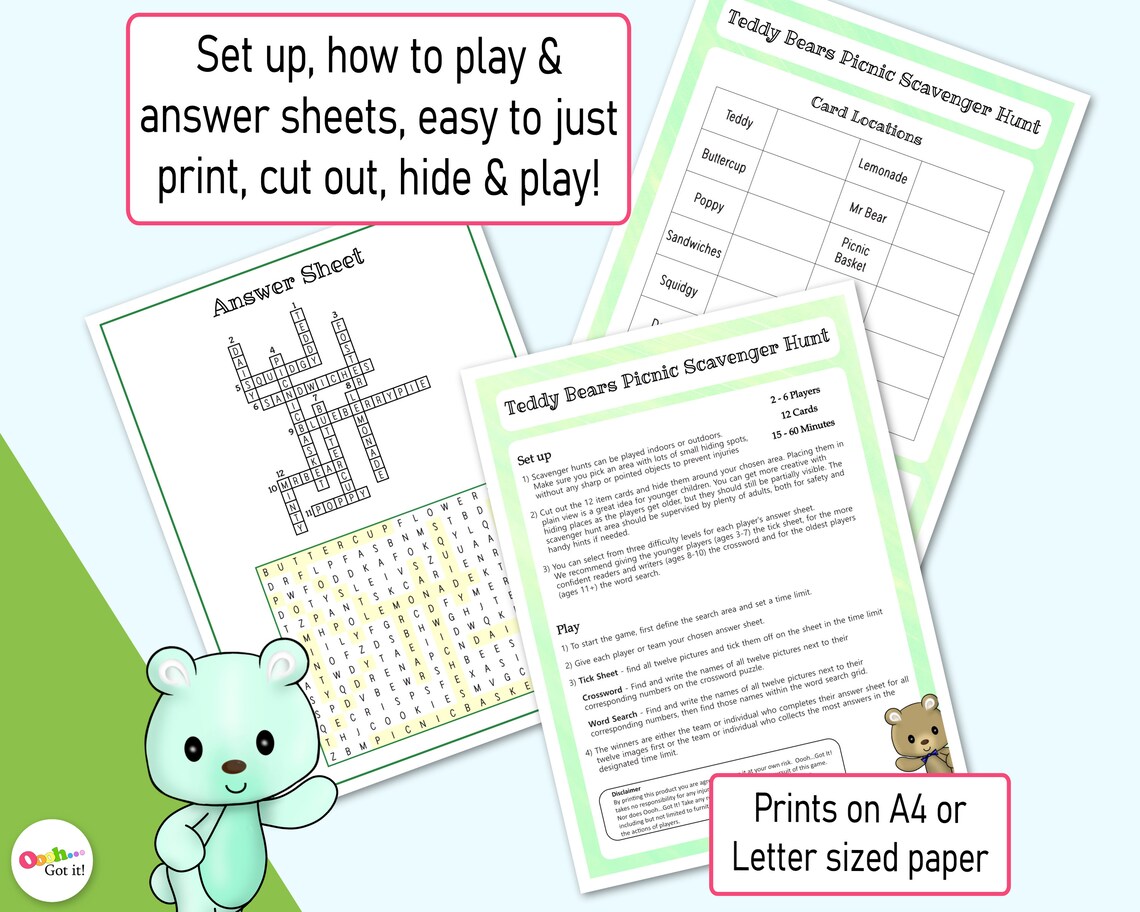Teddy Bears Picnic Scavenger Hunt, a Printable Picture Matching Family ...