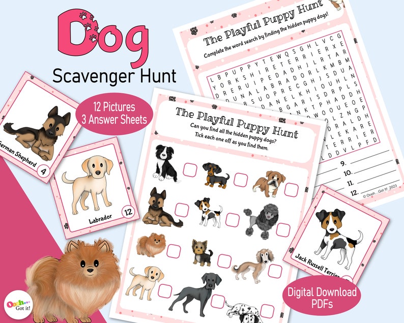 Dog Scavenger Hunt, a Printable Puppy Picture Matching Game, Hide ...