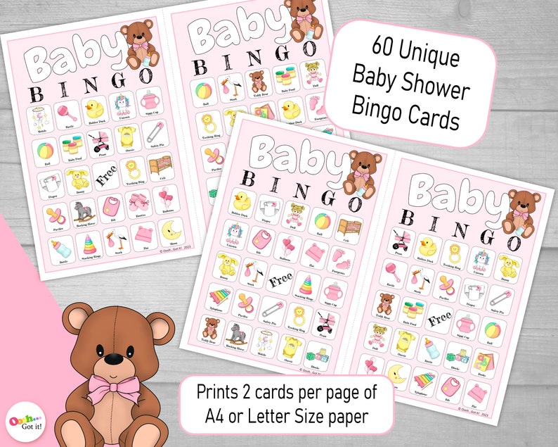 Baby Shower Bingo, 60 Printable Prefilled Bingo Cards, for a Baby Girl ...