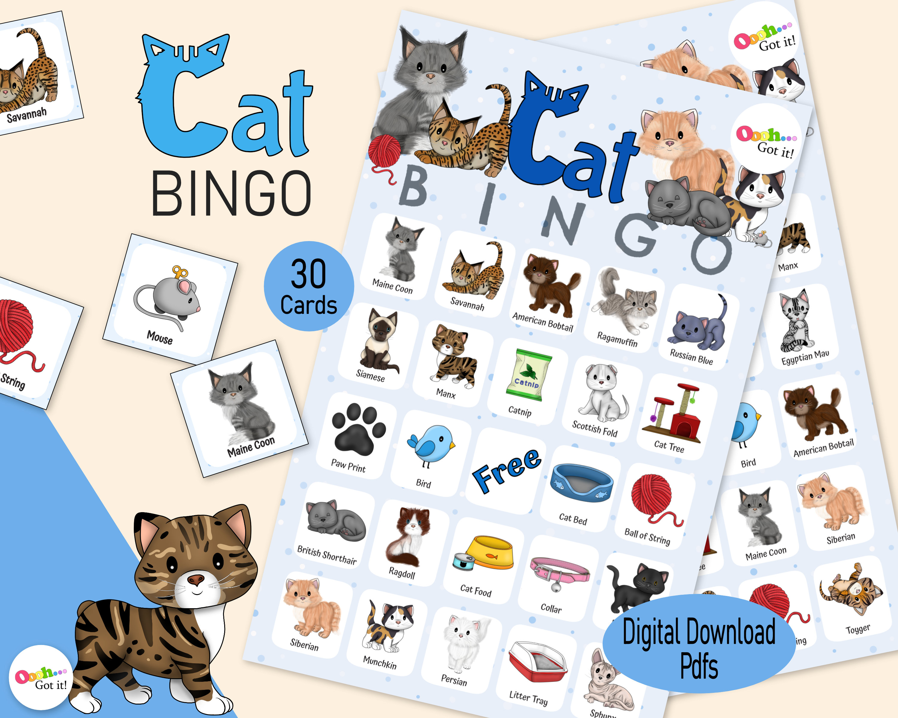 Cat Bingo, 30 Printable Kitten Cards, a Girls 2nd Birthday Party Game ...