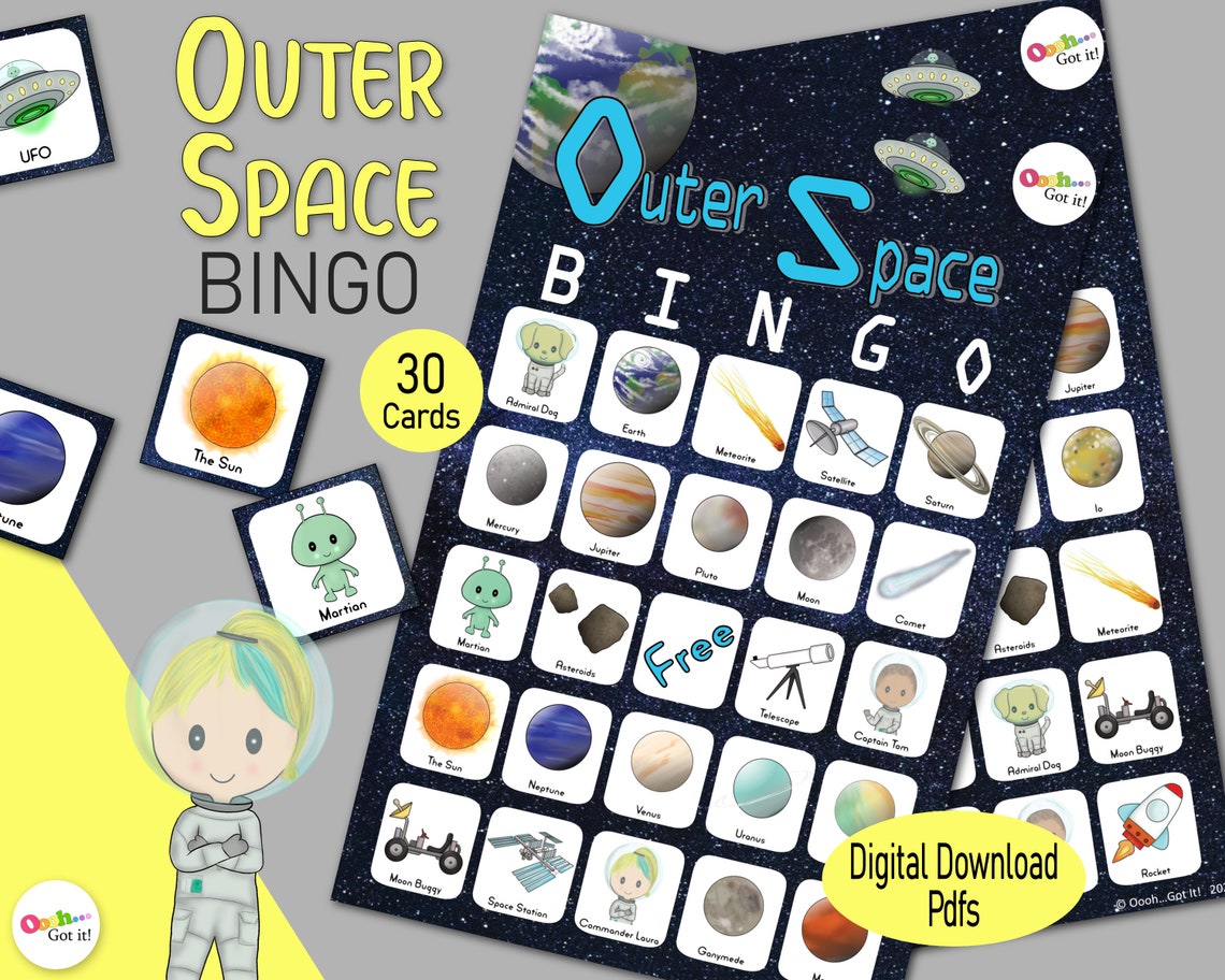 Space Bingo Cards, a Printable Alien Party Game, or Kids Solar System ...