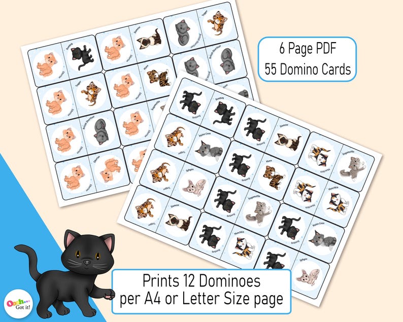 Cat Dominoes, a Printable Kitten Picture Matching Activity for Kids ...